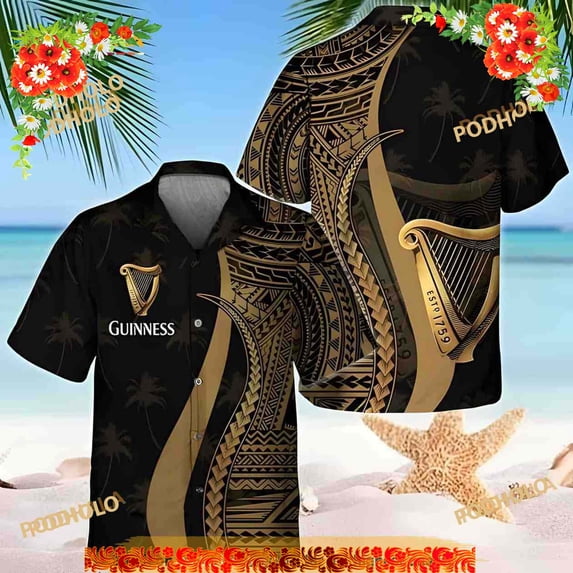 Guinness Beer Hawaiian Shirt, Gold Polynesian Blend Tropical Coconut ...
