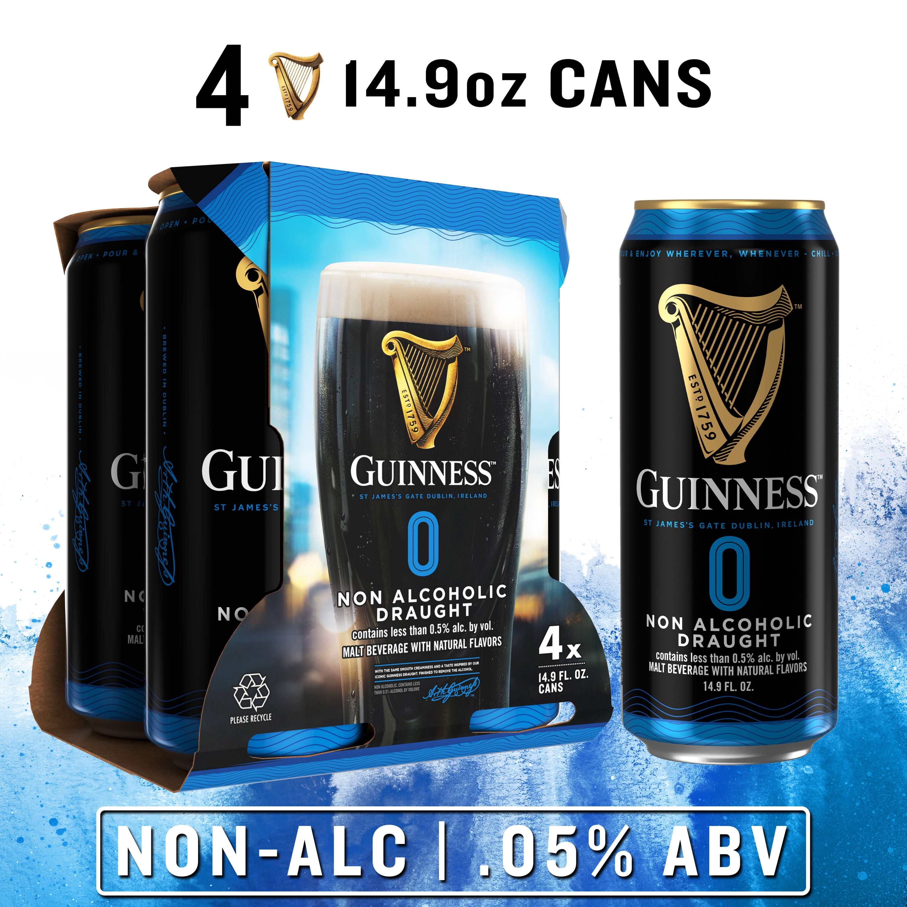 Guinness Draught 0 Non Alcoholic Stout Beer, 4pk 14.9oz Cans, .5% ABV ...