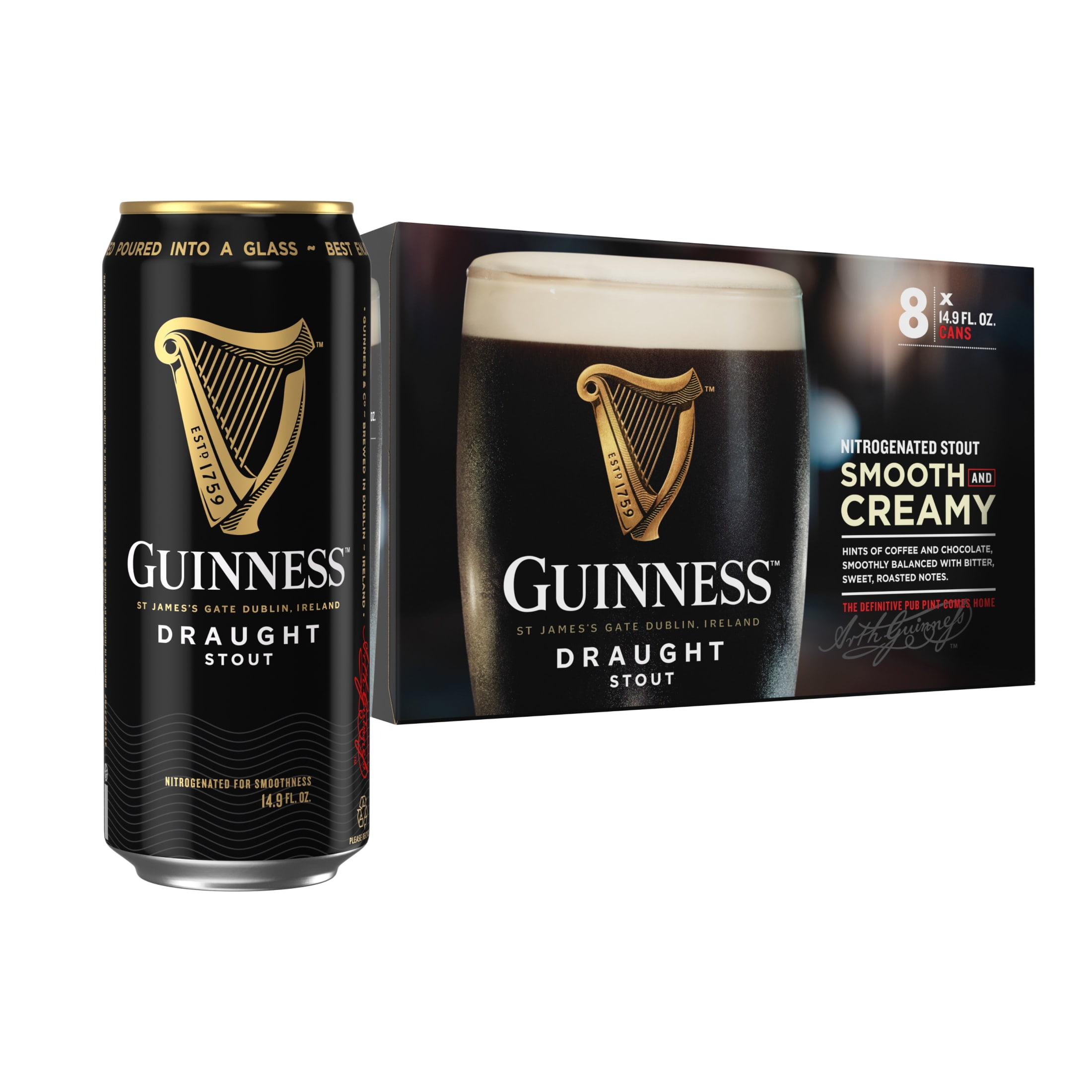 Guinness Draught Stout, 14.9 fl oz Can, 8 Pack, 4.2% ABV, Smooth ...