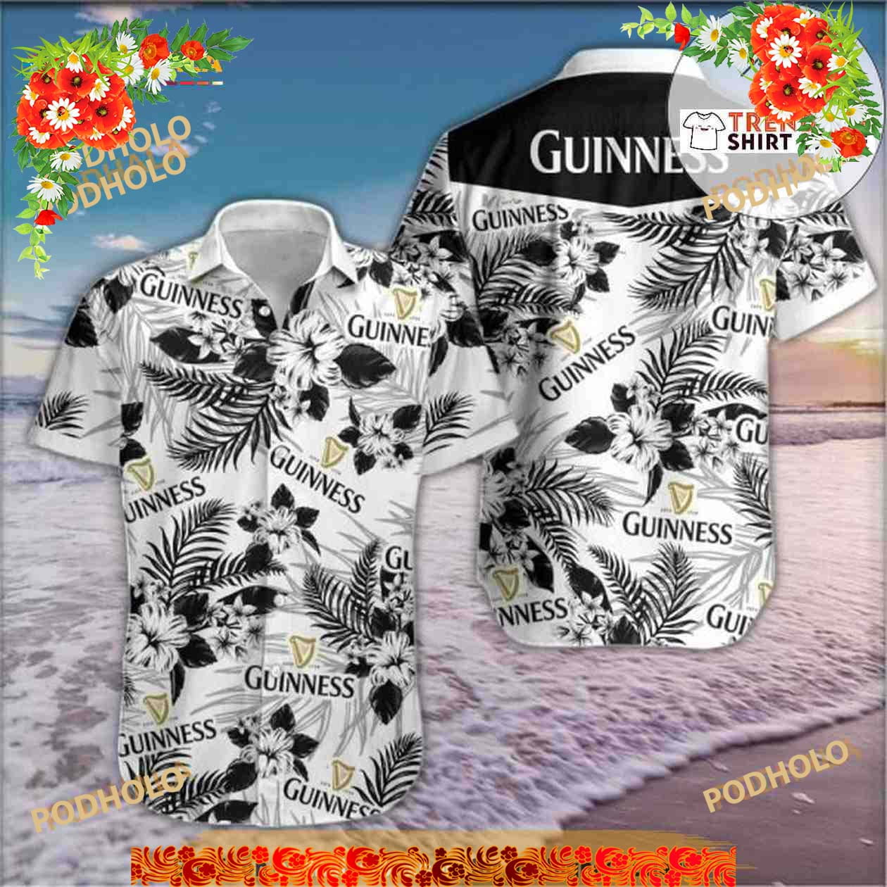 Guinness Hawaiian Shirt, Classic Black And White Flora Aloha Shirt ...
