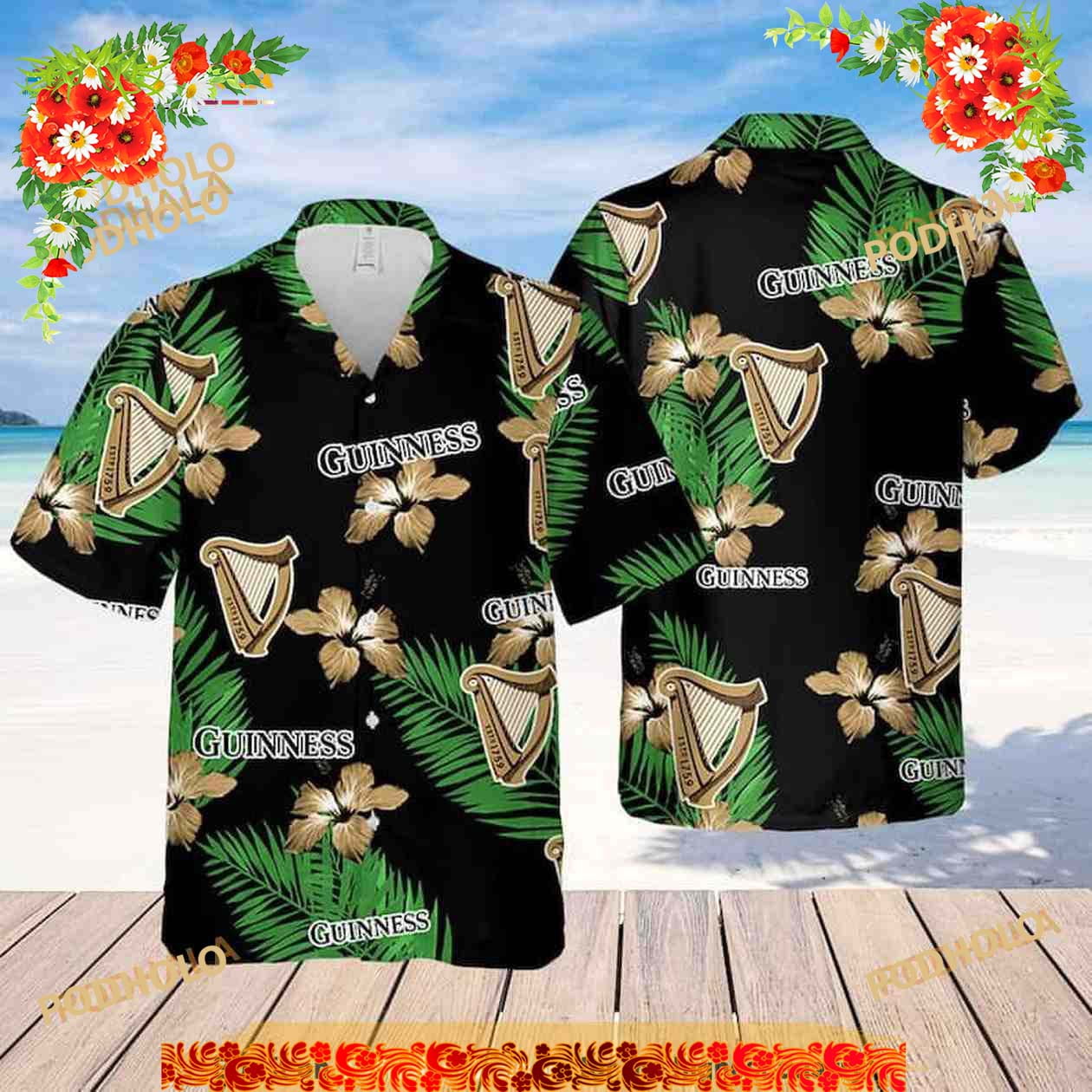 Guinness Hawaiian Shirt, Hibiscus Flower Palm Leaf Gift For Beach Trip ...