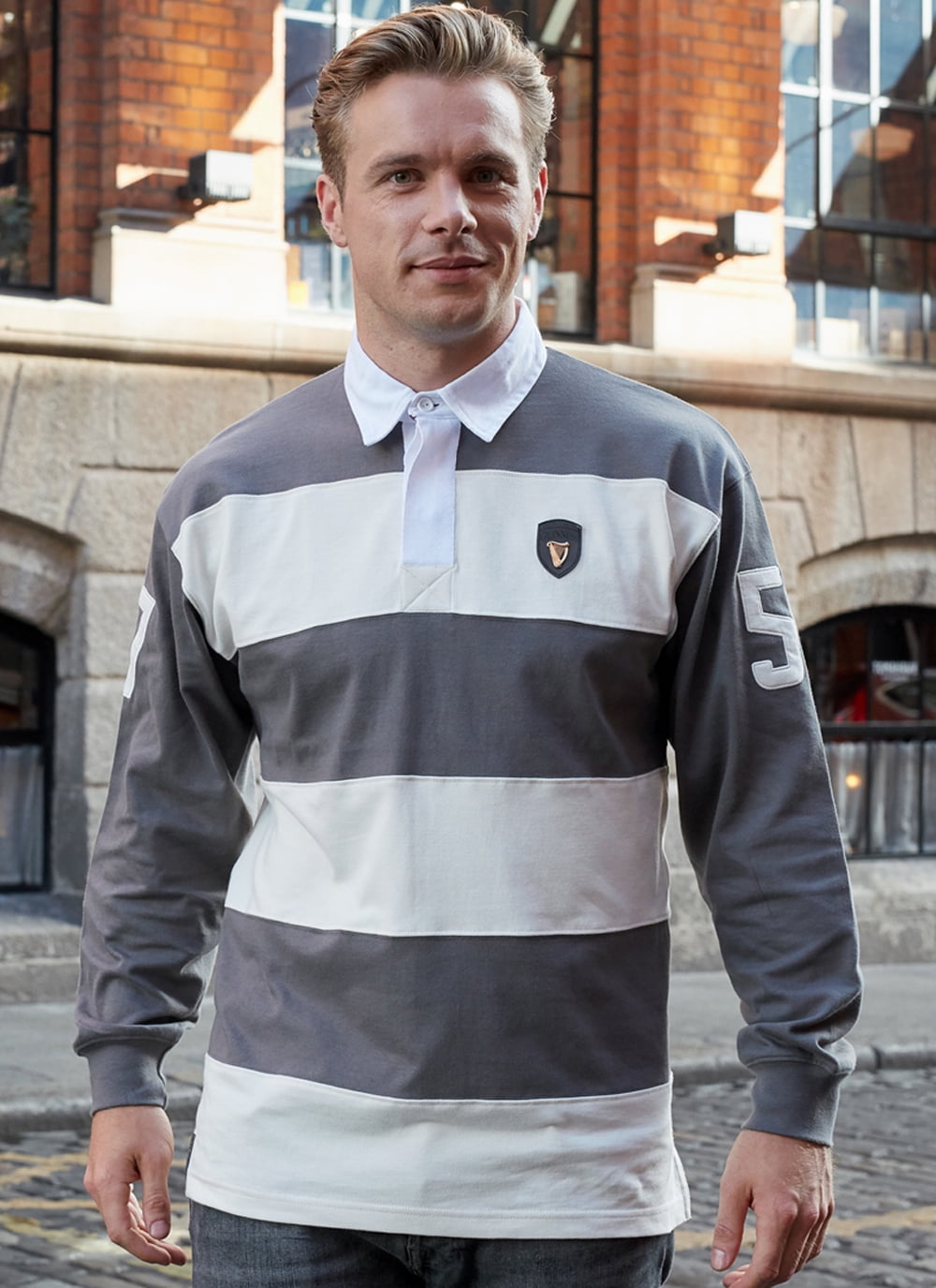 Guinness Long Sleeve Stripe Rugby Shirt 100% Cotton Pewter Cream Color ...