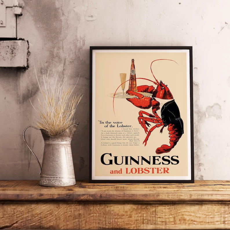 Guinness and Lobster Vintage Poster, Pub Decor, Retro Printable Cafe ...
