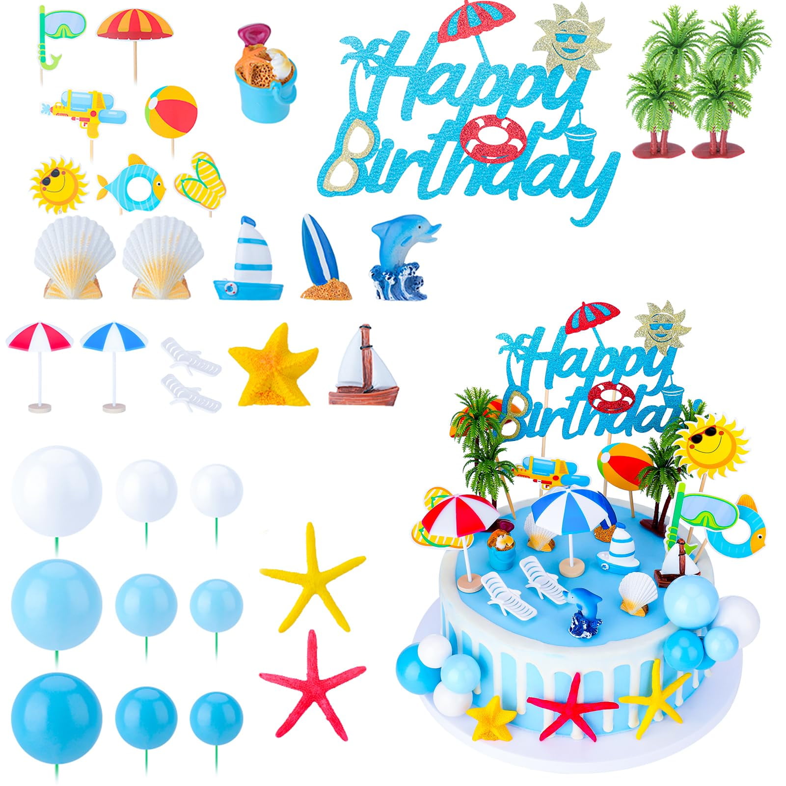 Guiqulai 33Pcs Summer Beach Cake Toppers, Hawaiian MDH1Ocean Pool Party ...