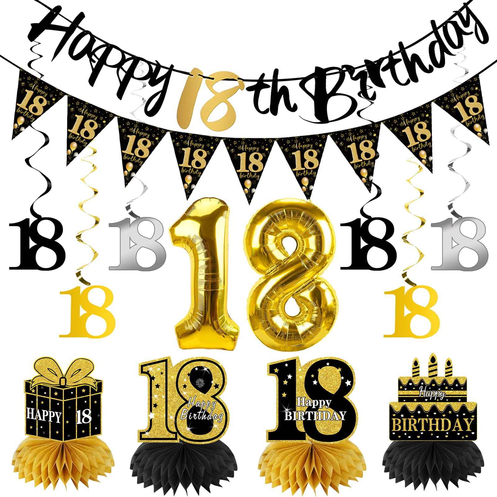 Guiruiy 13PCS 18th Birthday Decorations for AFN1Men Women, Black Gold Happy 18 Birthday Banner ...
