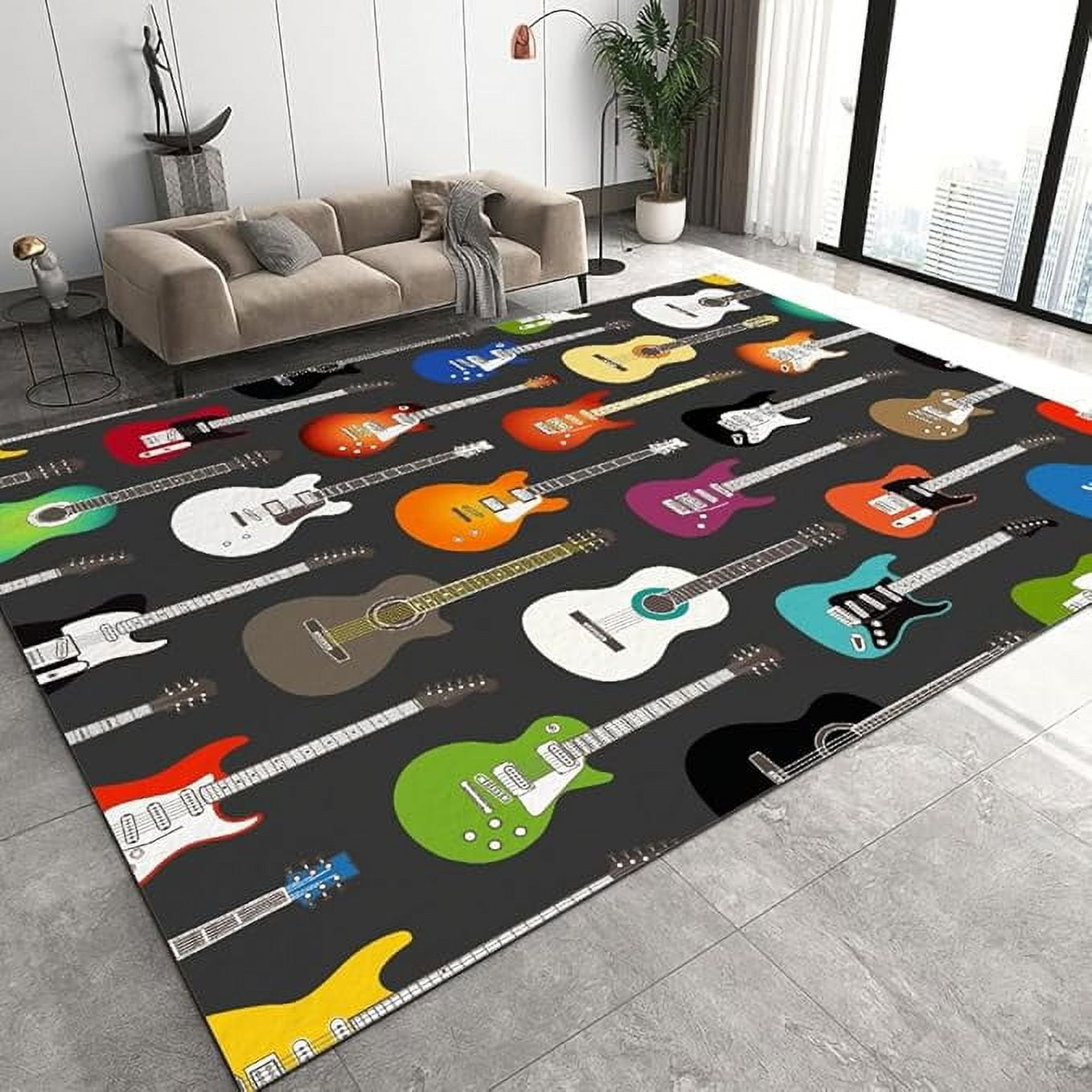Guitar Area Rug For Living Room, Colorful Guitar Music Note Pattern ...