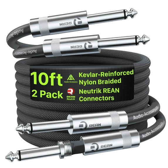 Guitar Cable 10 ft 2 Pack, Nylon Braided Anti-Kinking Kevlar-Reinforced ...