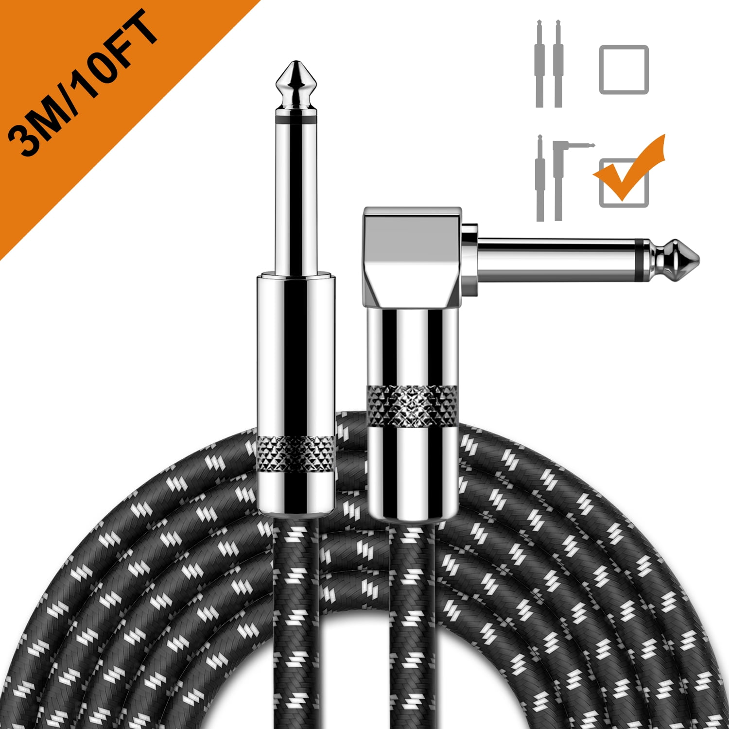 Guitar Cable 10 ft Electric Instrument Cord Right Angle for Bass ...