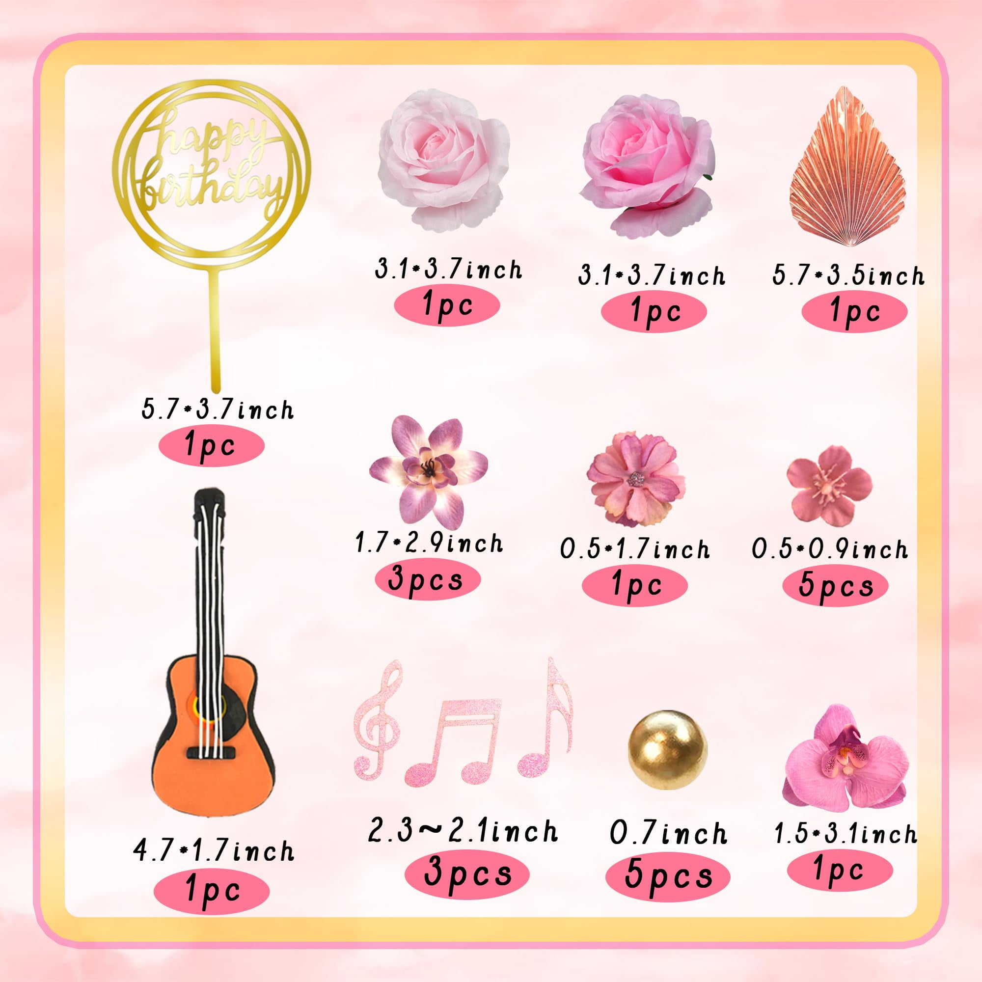 Guitar Cake Toppers AJH3 Girl Music Cake Decorations Pink Boho Flower ...