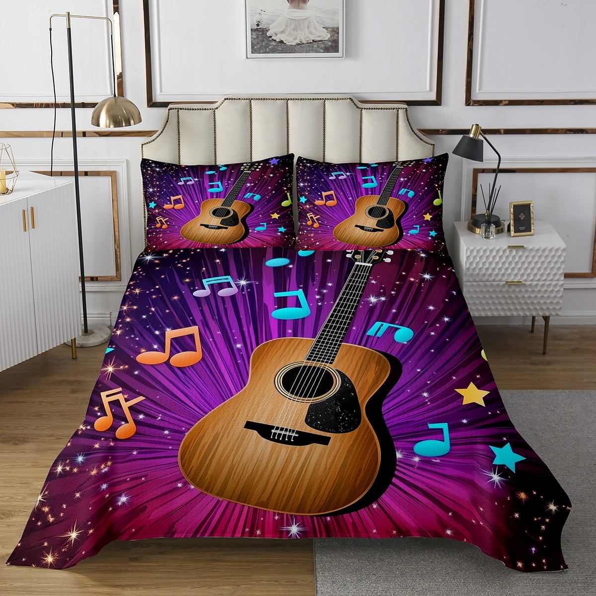 Guitar Coverlet Set Glitter Music Notes King Quilt Set,Musical ...