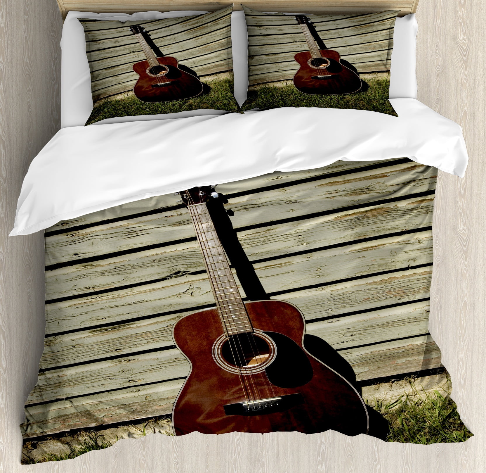 Guitar Duvet Cover Set, Acoustic Music Element Leaning on a Wooden Wall ...