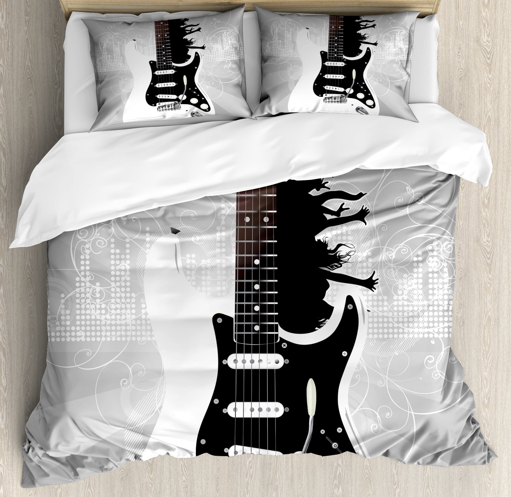 Guitar Duvet Cover Set, Contemporary Layout of People Silhouettes ...