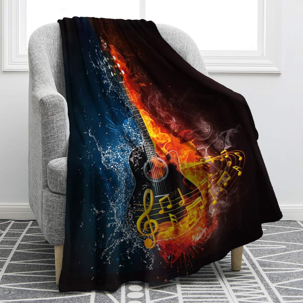 Guitar Fire Water Blanket Print Comfort Soft Warm Throw Blanket for ...