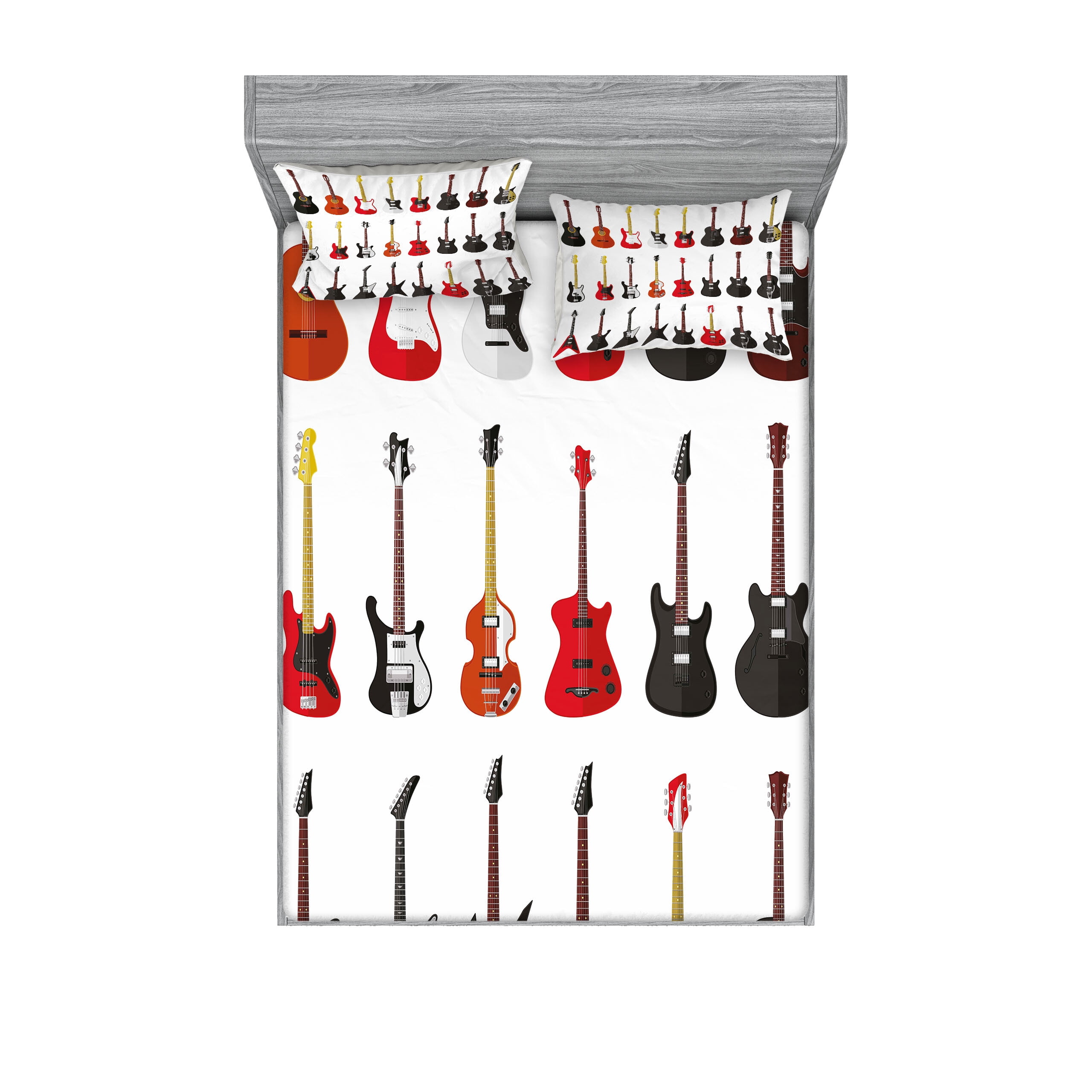 Guitar Fitted Sheet & Pillow Sham Set, Musical Instruments Set Pattern ...