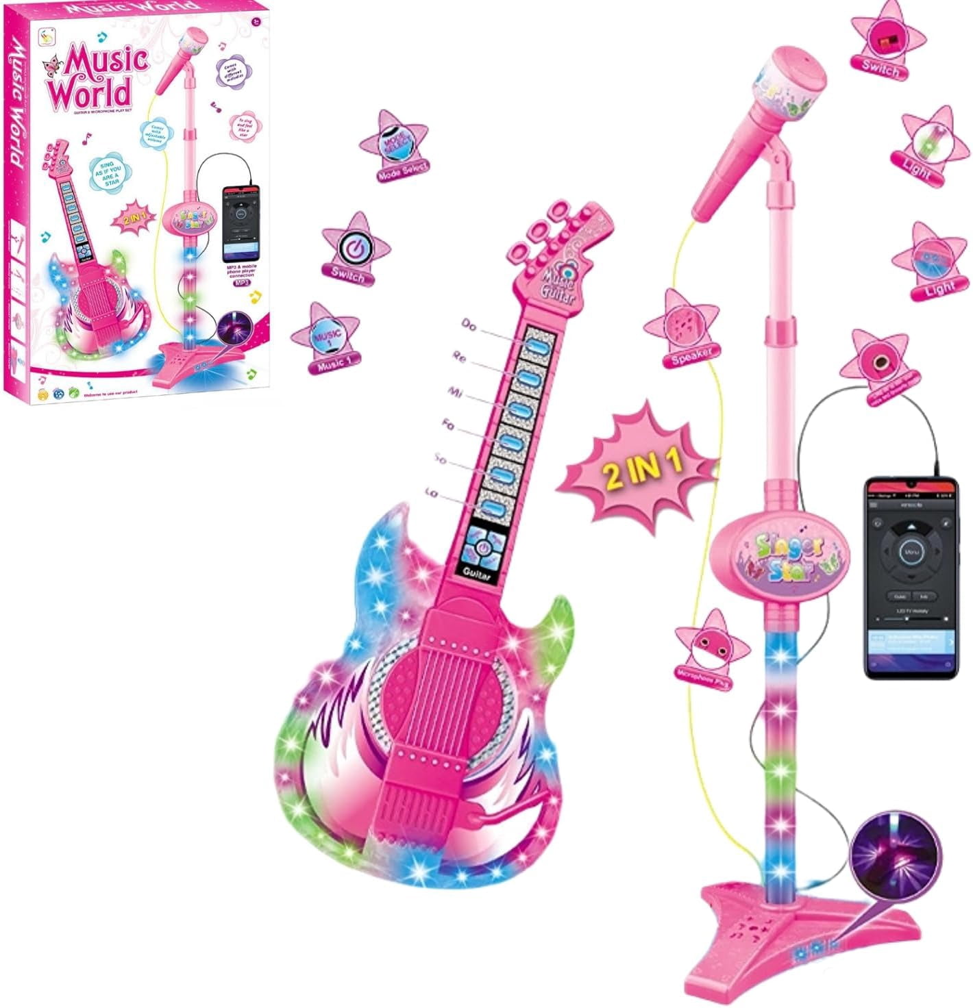 Guitar and Microphone Set for Kids,Guitar Toys with Music&Colorful ...