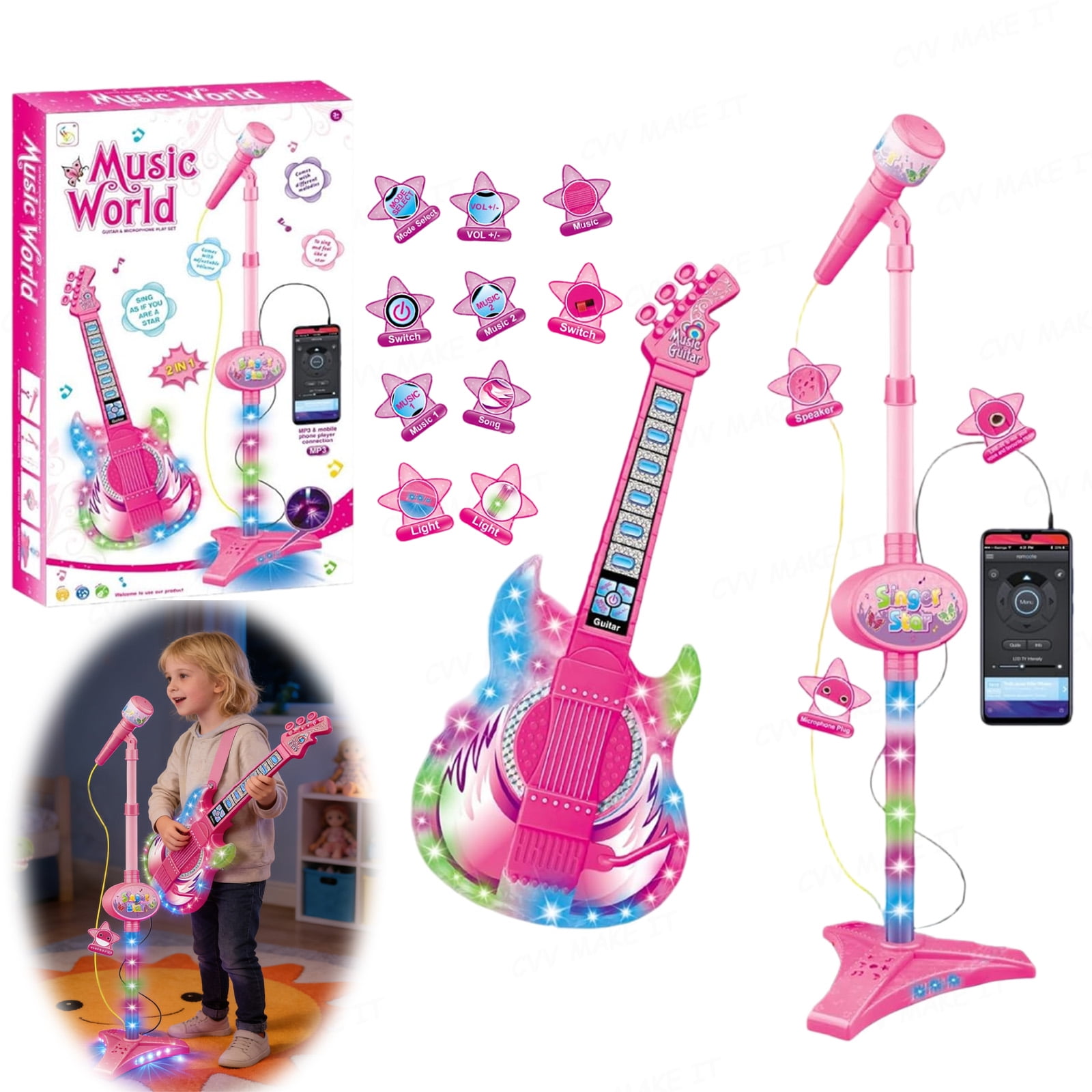 Guitar Microphone Toy for Kids Ages 3-8 Electric Musical Playset with ...