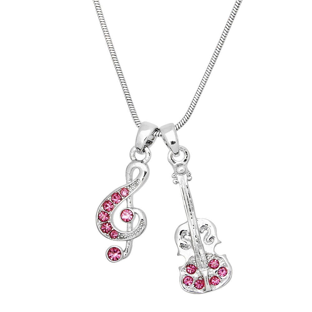 Guitar & Musical Note Pendant Necklace Rhinestone Crystal Rhodium ...