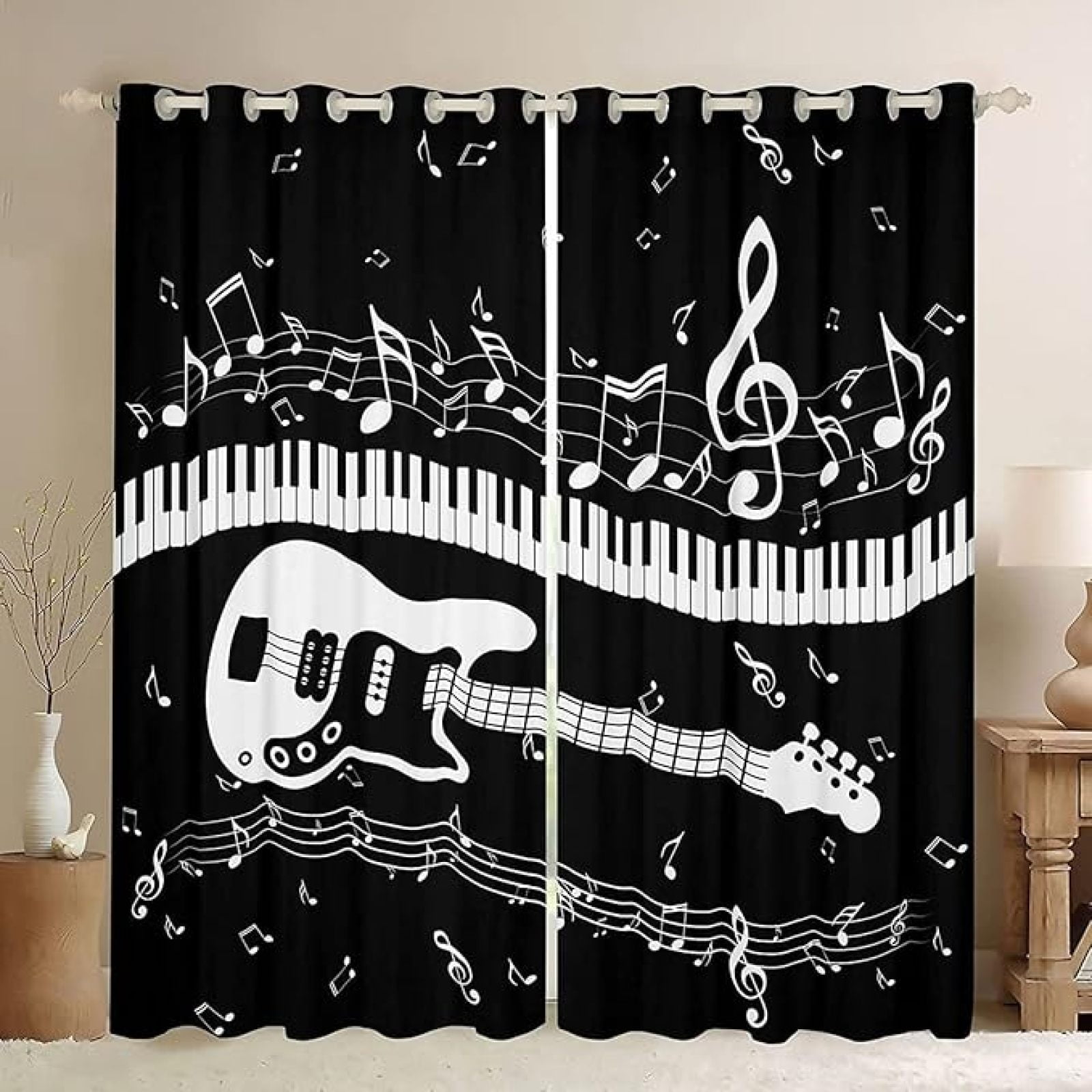 Guitar Piano Keys Blackout Curtains, 3D Musical Notes Print Window ...