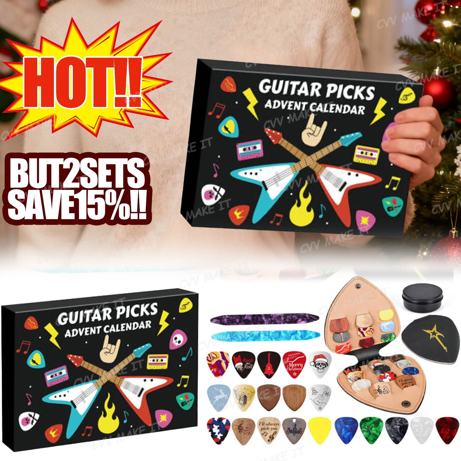 Guitar Picks Advent Calendar 2025, 24-Day Countdown with Celluloid/Wood ...