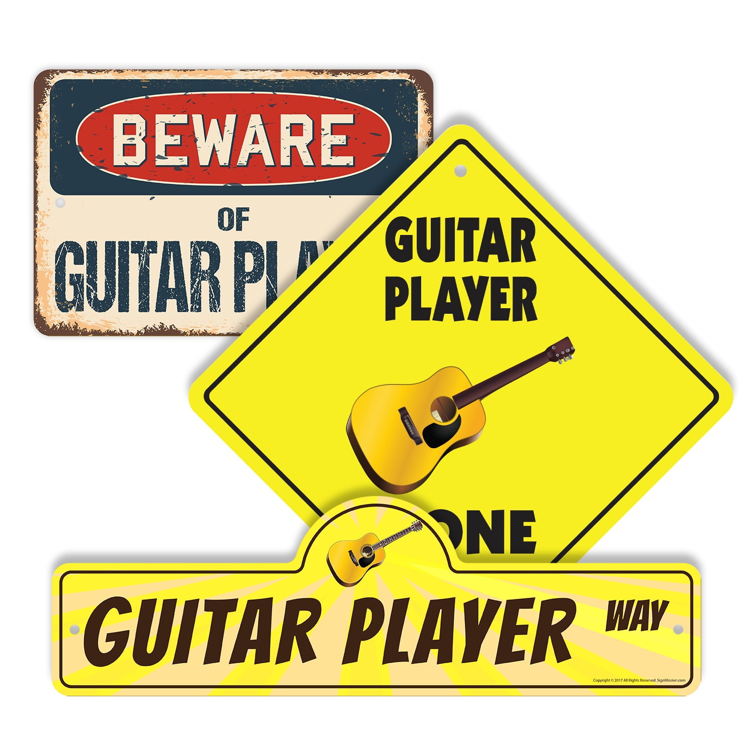 Guitar Player (3 Pack) Large Plastic Street Sign Crossing Sign Warning Sign Vintage Rustic ...
