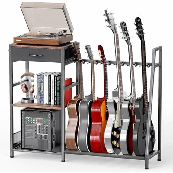 Guitar & Record Stand for 6 Guitars, 3-Tier Adjustable Floor Rack with ...