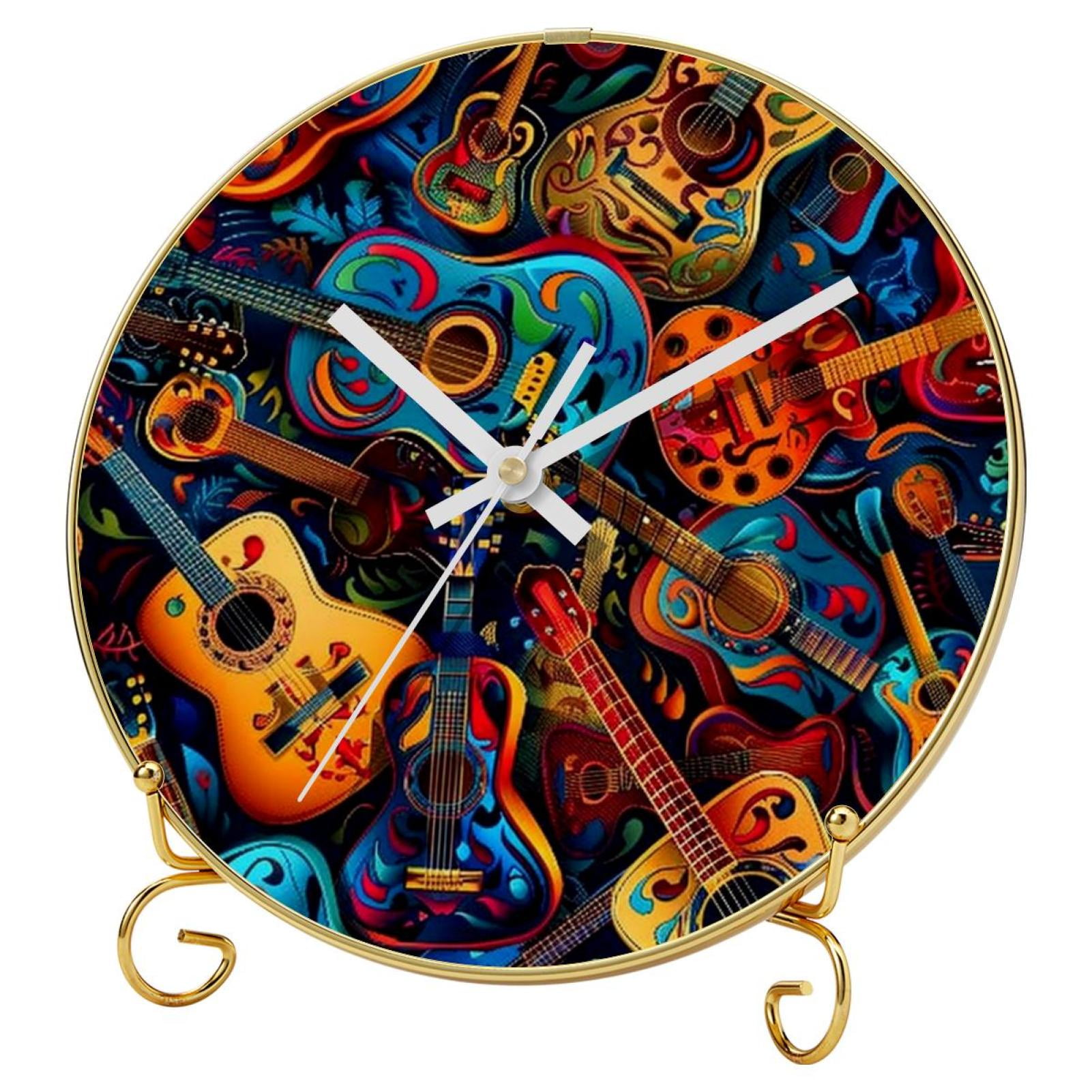 Guitar Round Printed Wall Clock with Hooks and Gold Stand - Silent, Non ...