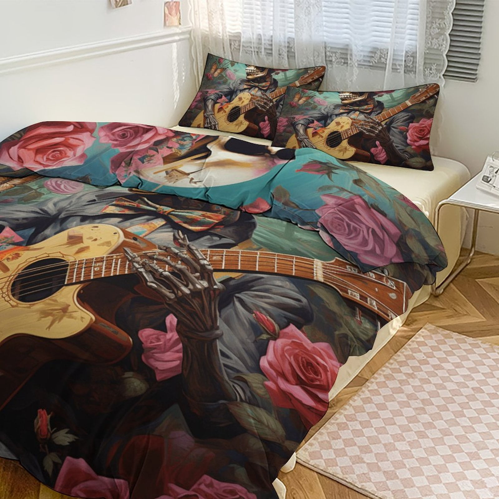 Guitar Skeleton Rock Bedding Sets Twin Duvet Cover 3 Piece Cute Bed Set ...