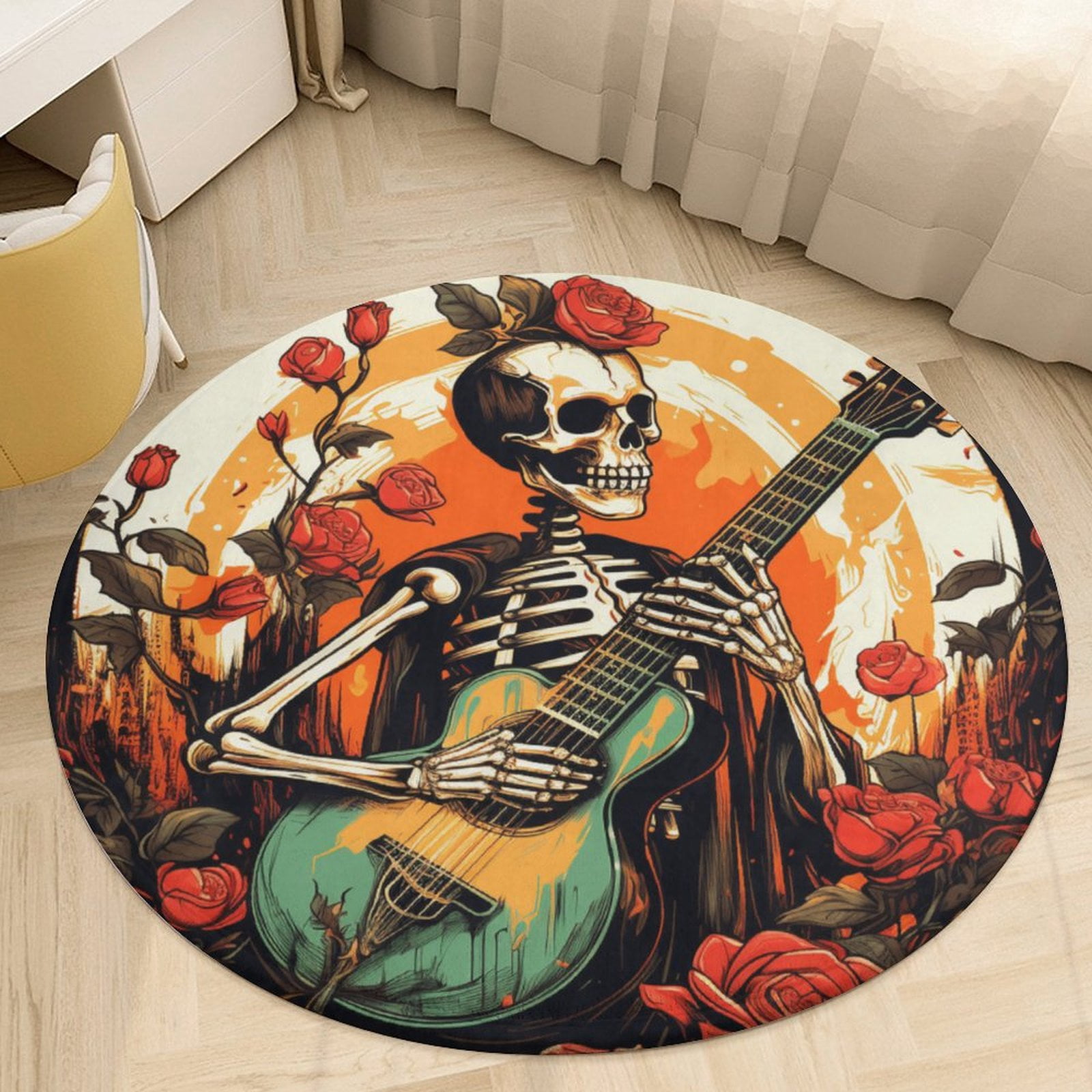 Guitar Skeleton Rock Floral Medallion Round Rug - Small Round Area Rug ...