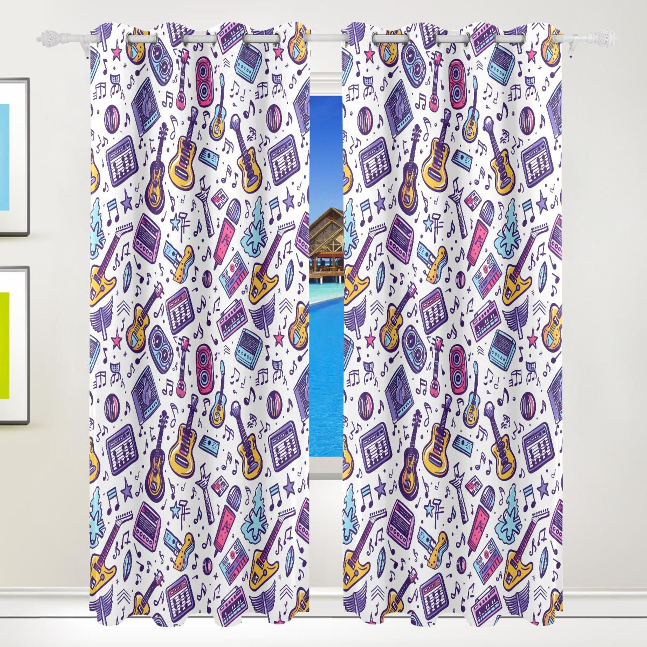 Guitar Sound Recorder Note Star Blackout Curtains 72 inch Length 2 ...
