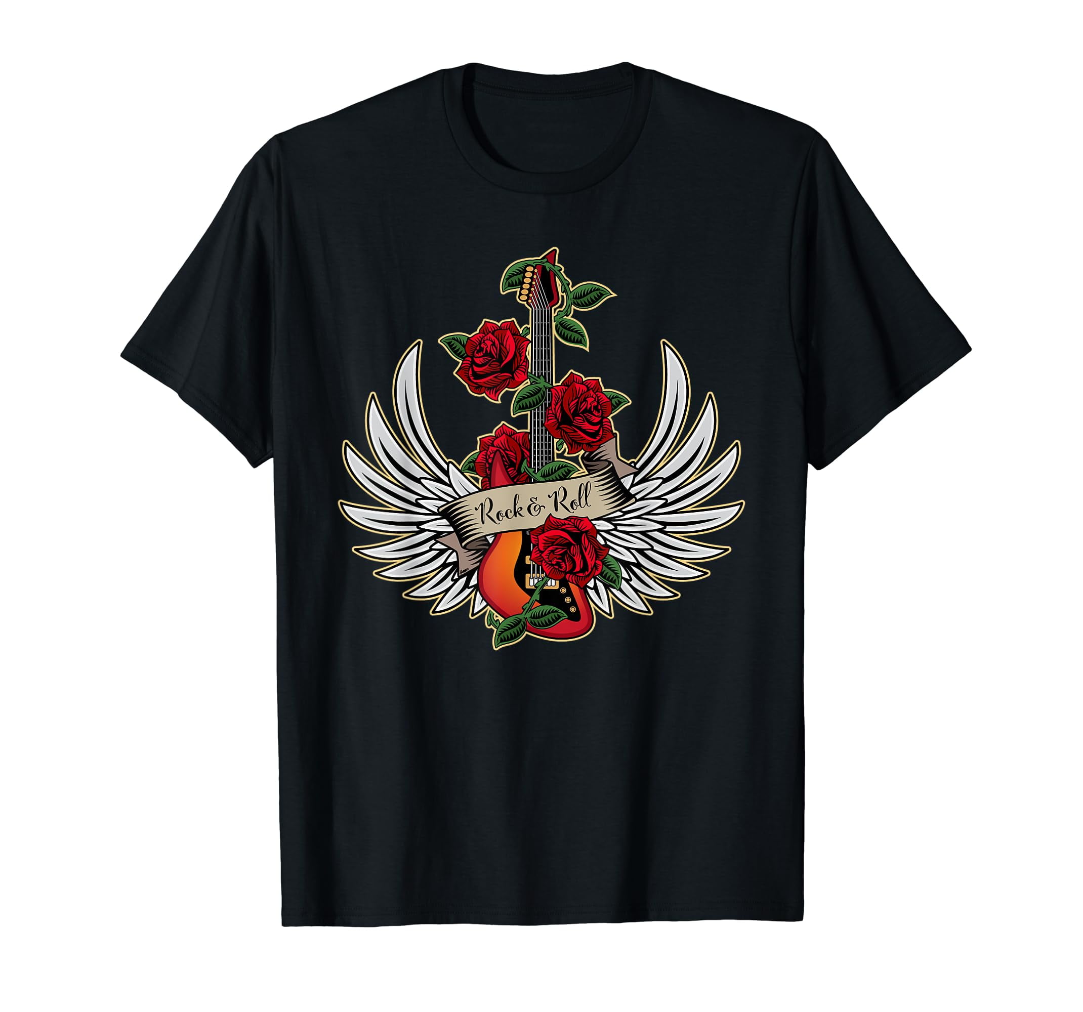 Guitar Wings Roses Rock and Roll Vintage Music Design T-Shirt - Walmart.com
