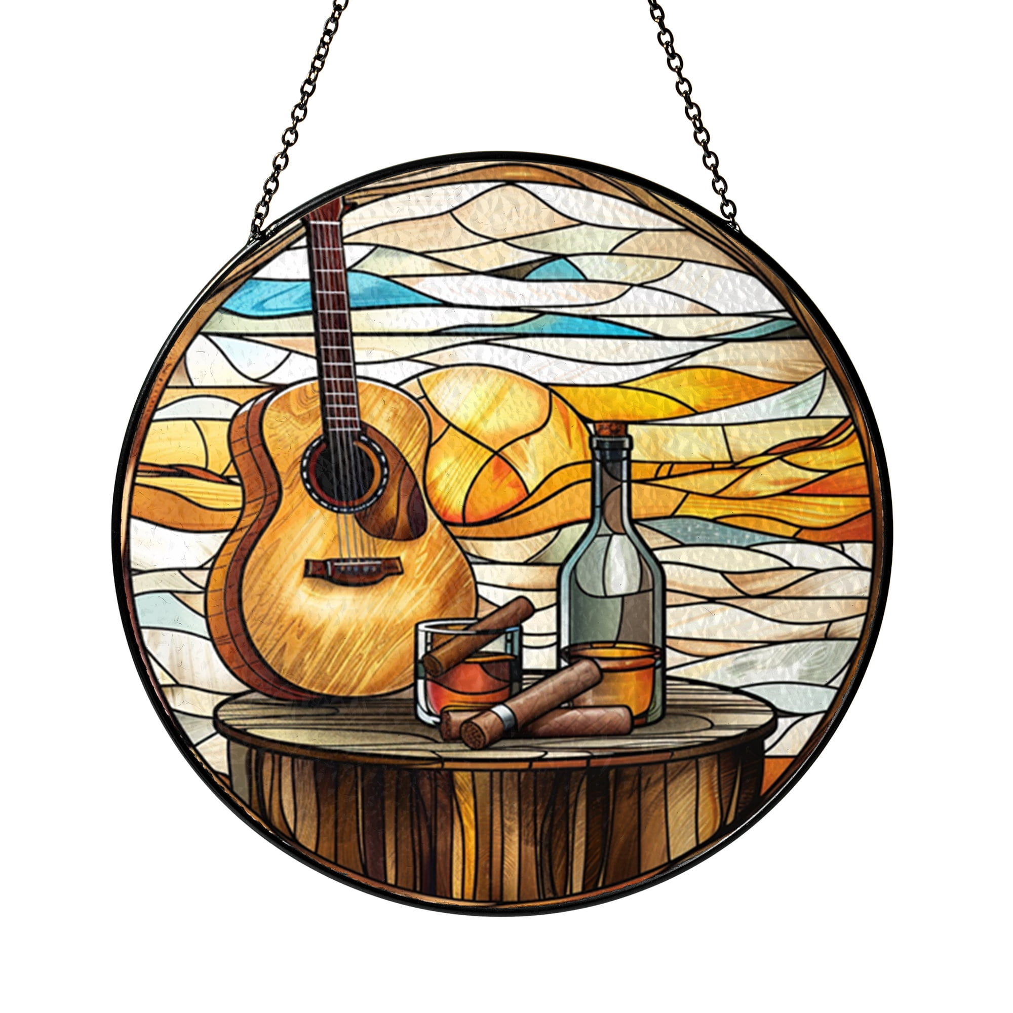 Guitar with Glass and Cigar Stained Glass Suncatcher – Window Art ...