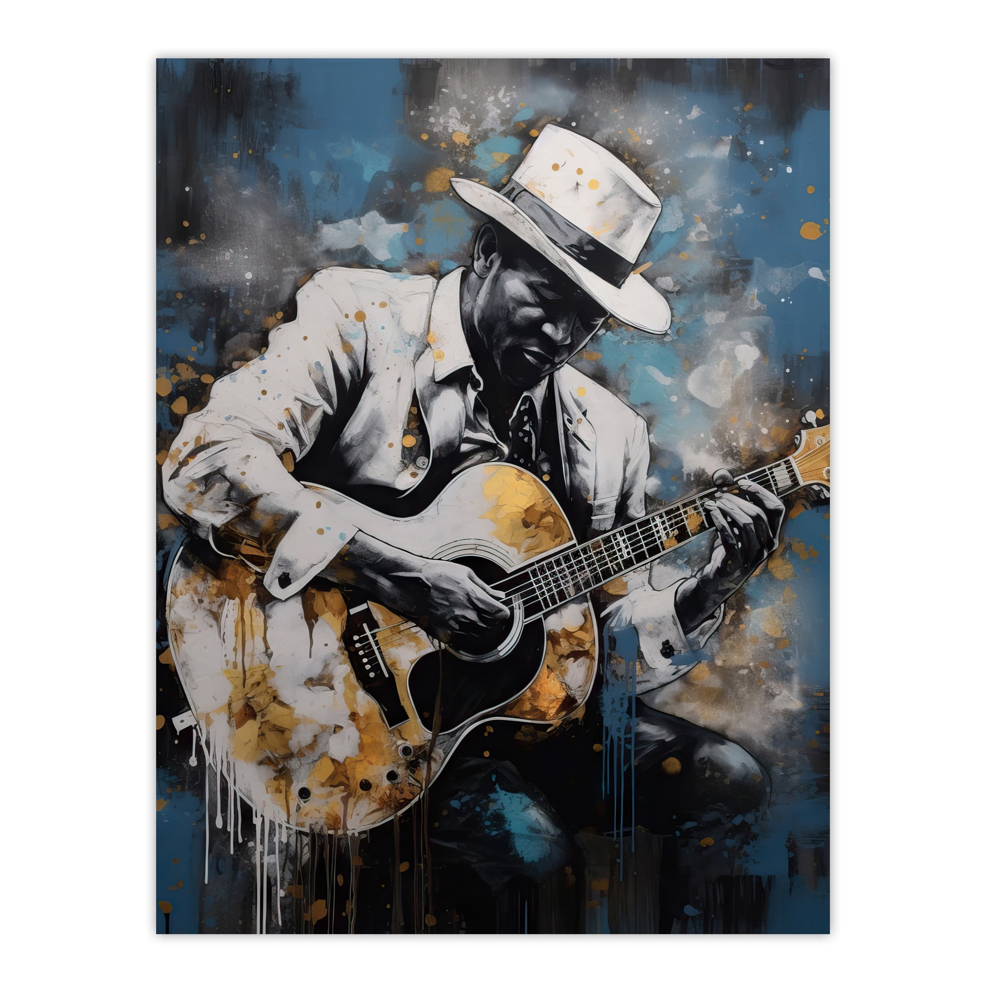 Guitarist Playing Acoustic Blues Acrylic Painting Gold Blue Drip Paint ...