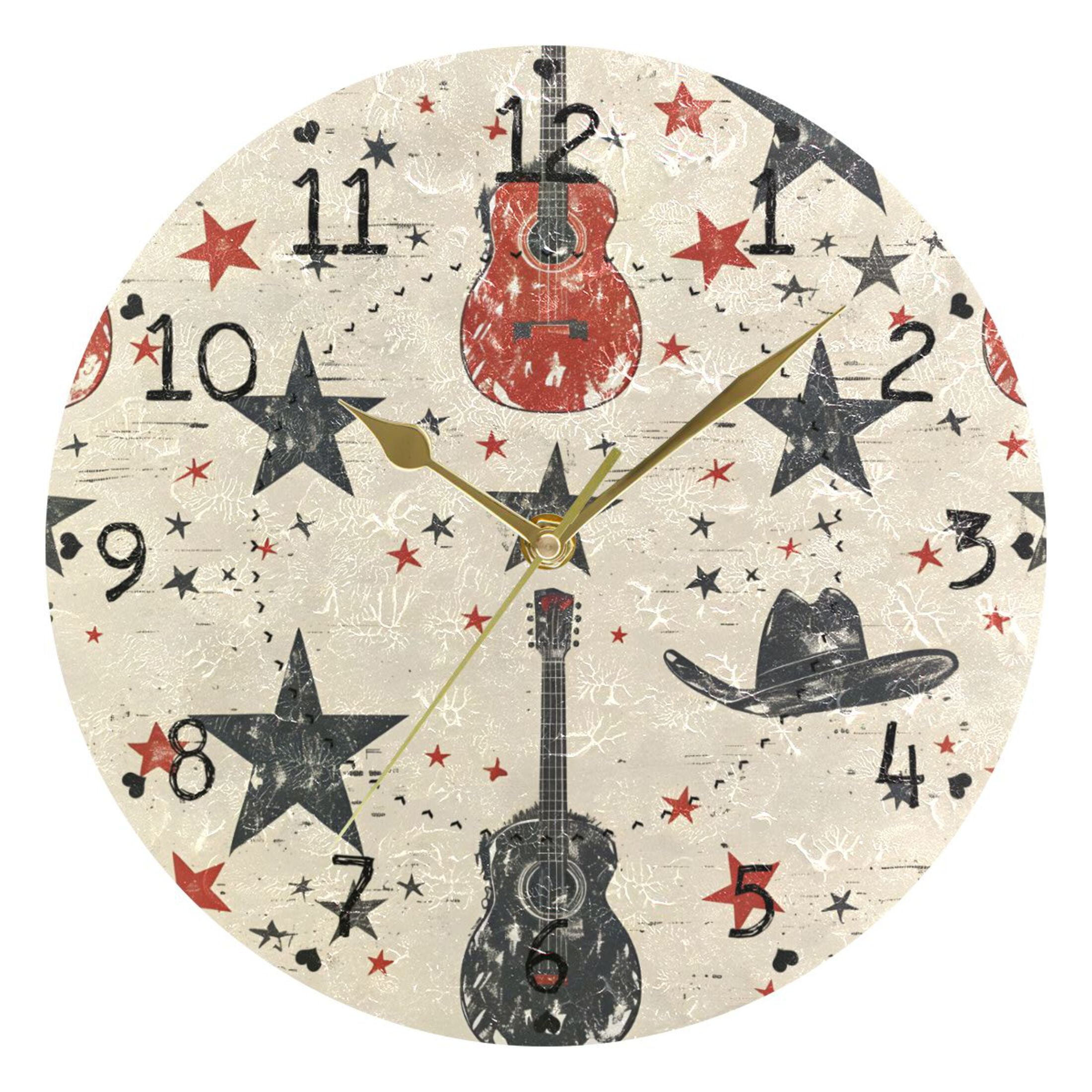 Guitars Stars Western Cowboy Hats Round Wall Clock Silent Analog ...