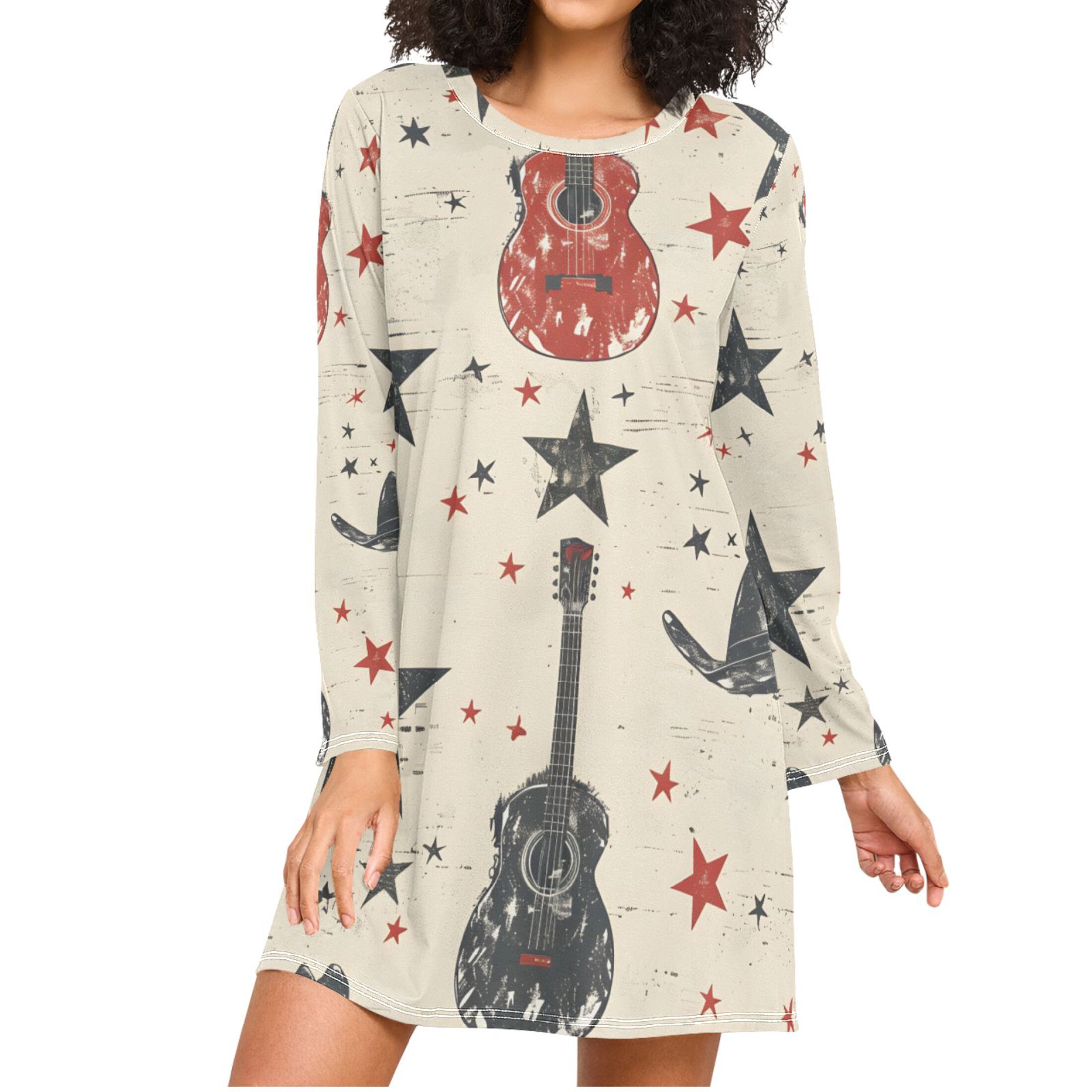 Guitars Stars Western Cowboy Hats Women's Long Sleeves Nightgowns ...