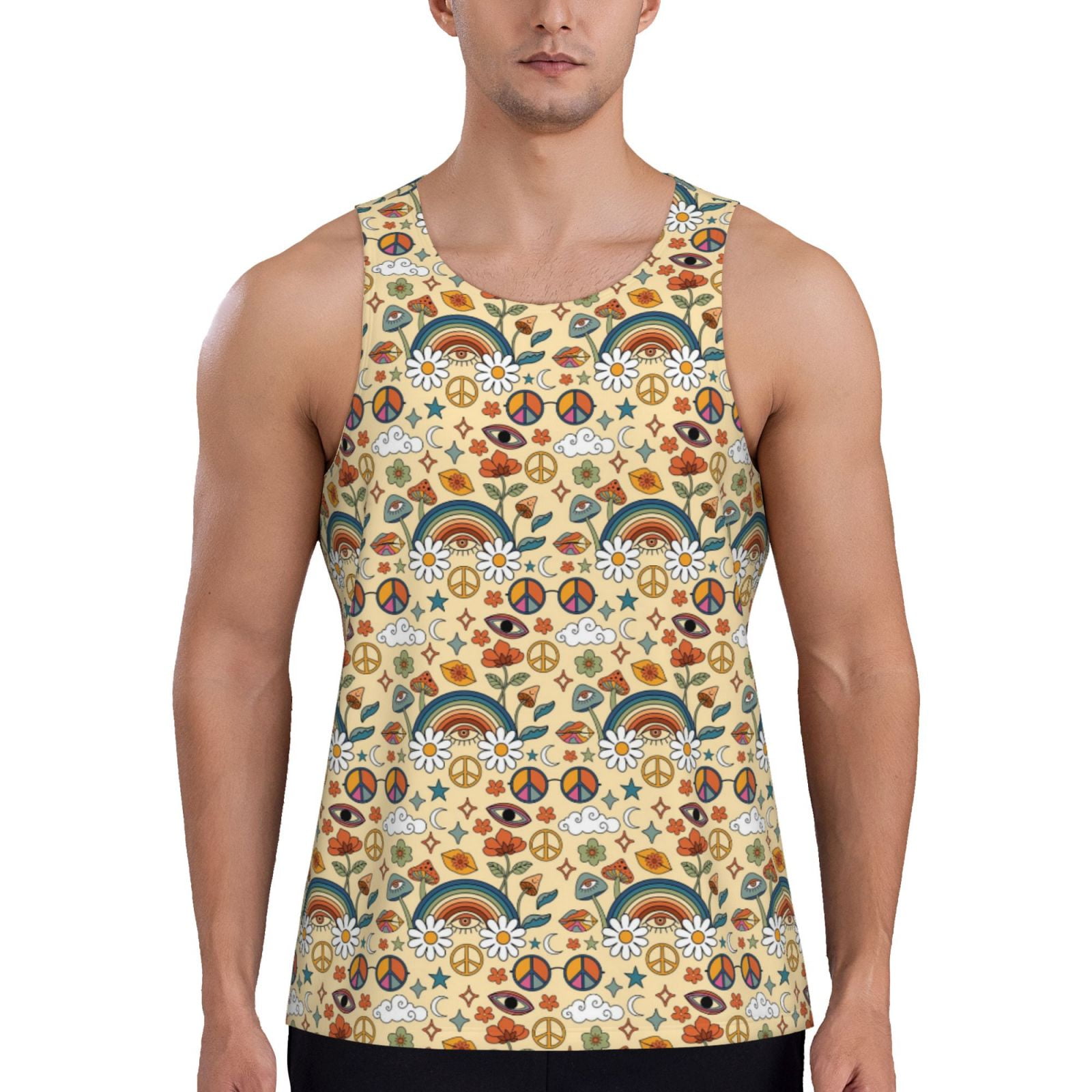 Gukieu 70s Hippie Style Print Men's Quick Dry Fitness Vest, Round Neck ...