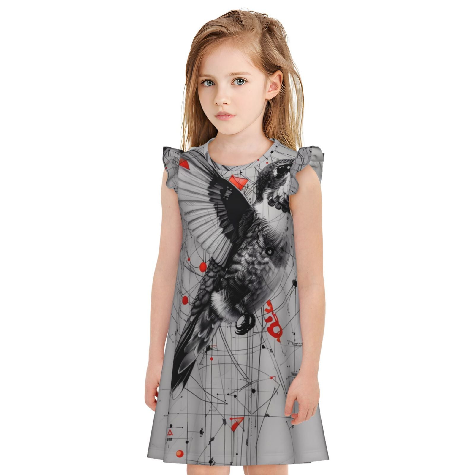 Gukieu Abstract Geometric Hummingbird Print Girls' Flying Sleeves ...