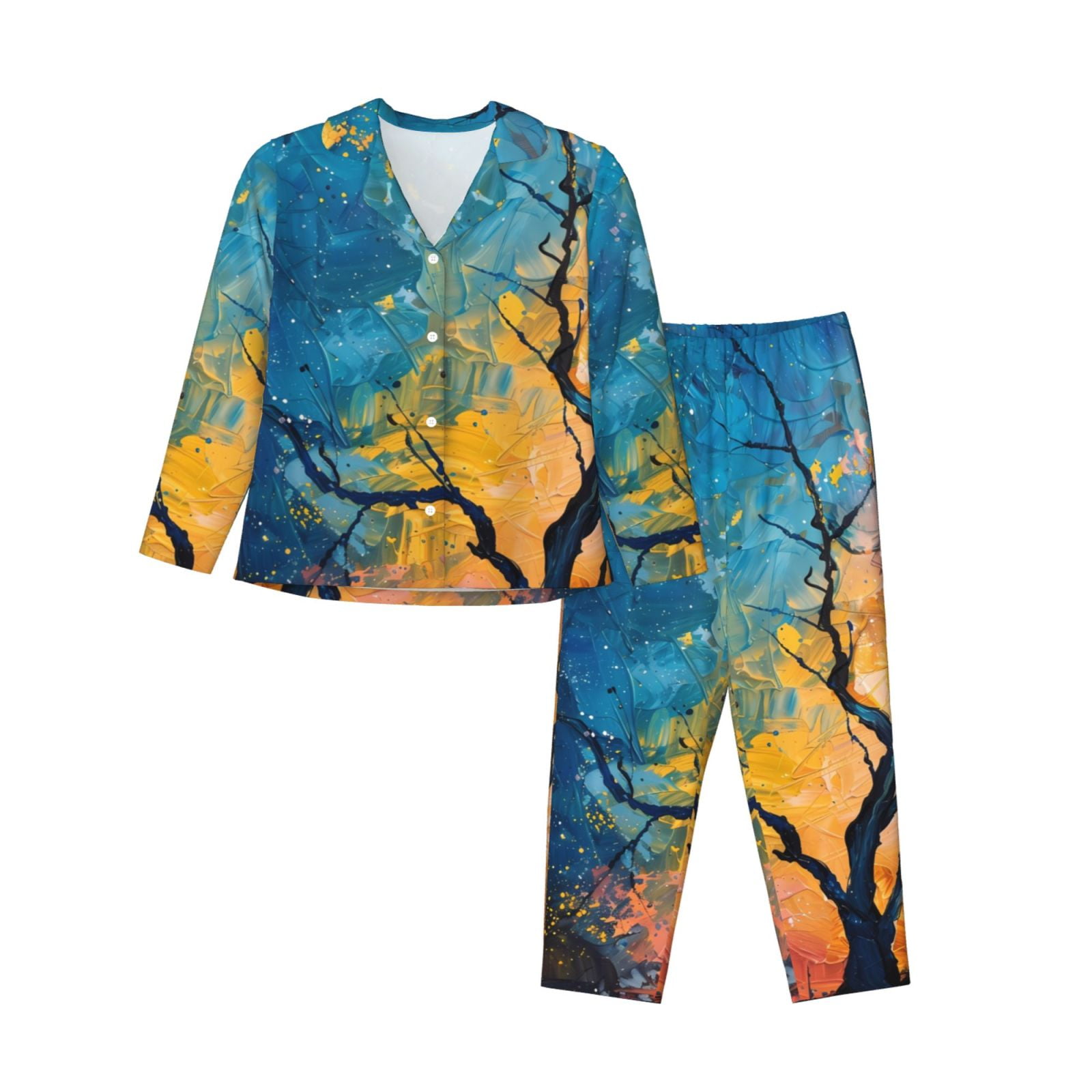 Gukieu Abstract Night Sky Tree Print Women's Long Sleeve Pajama Set ...