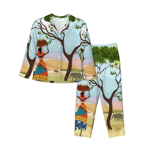 Gukieu African Women Print Women's Long Sleeve Pajama Set, Button Top ...
