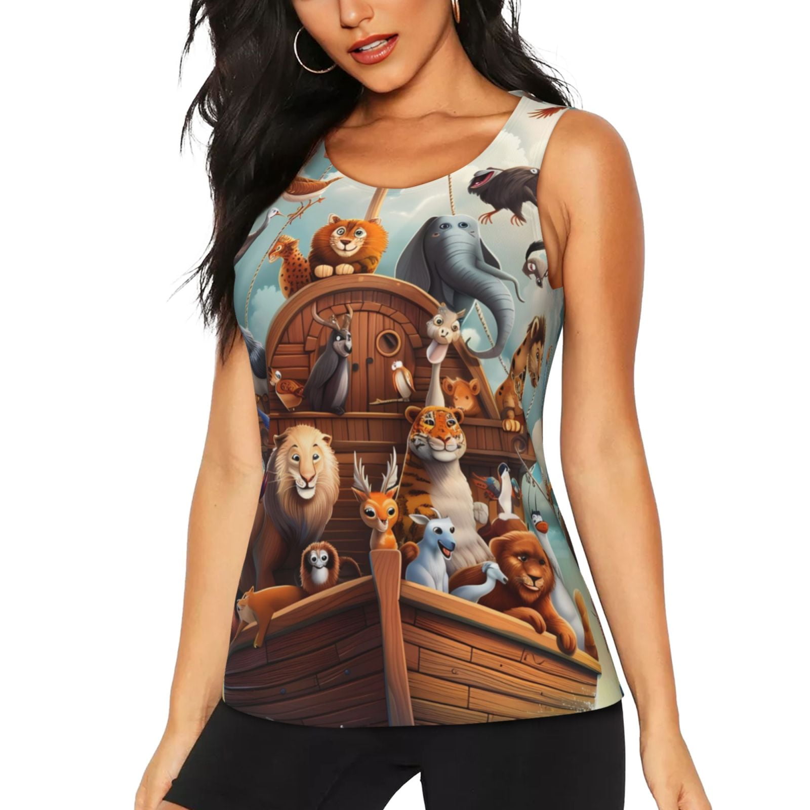 Gukieu Animal Filled Noahs Ark Print Women's Quick-drying Fitness Vest, Round Neck Sleeveless ...