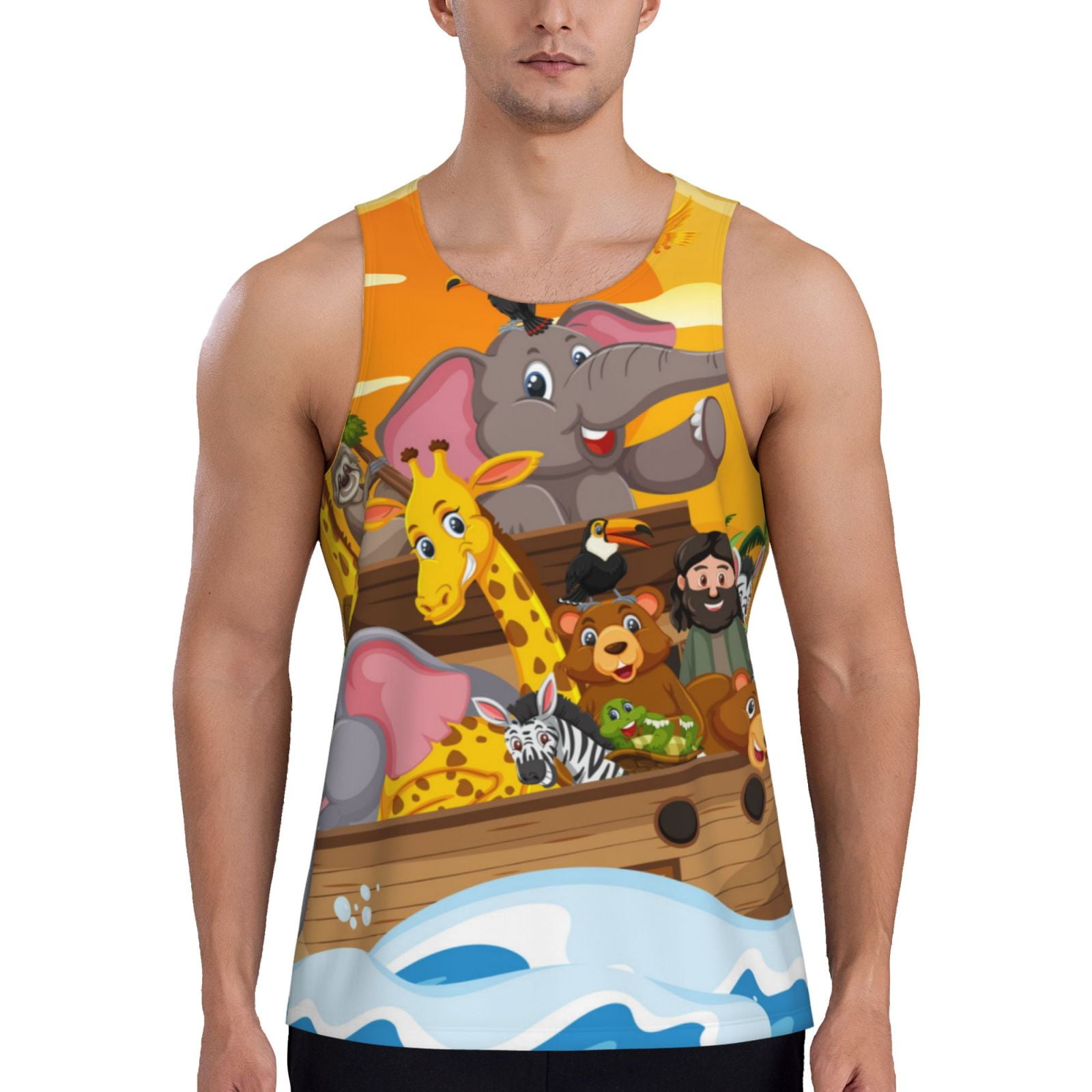Gukieu Animals on Noah's Ark1 Print Men's Quick Dry Fitness Vest, Round Neck Sleeveless Fitness ...