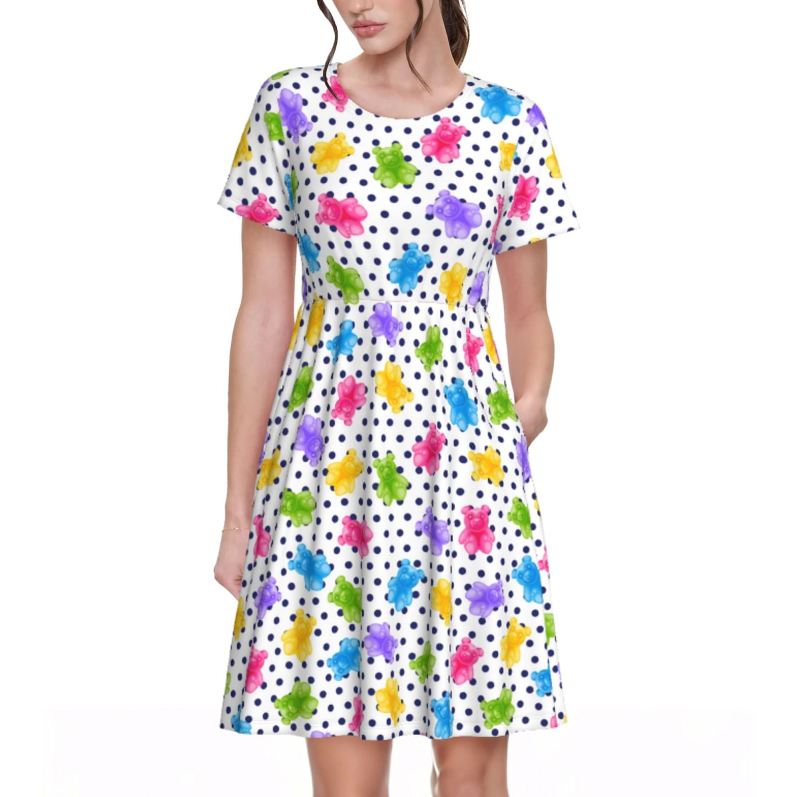 Gukieu Bear And Polka Dot Print Women's Short Sleeve Dress, Elastic ...