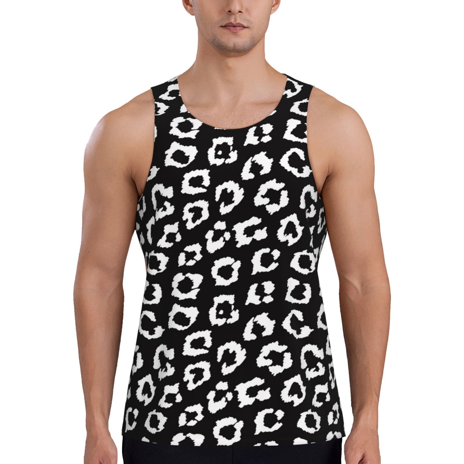 Gukieu Black Leopard Print Men's Quick Dry Fitness Vest, Round Neck ...