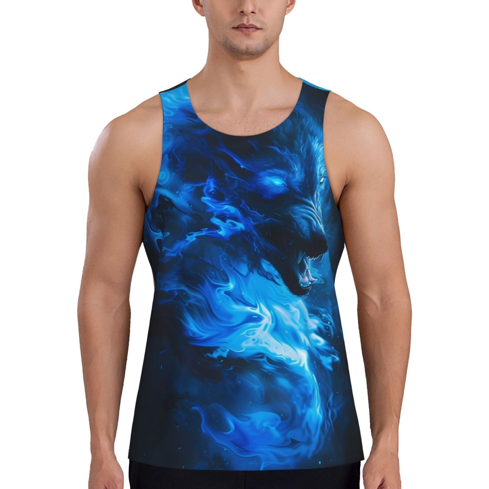 Gukieu Blue Fire Cool Wolf Print Men's Quick Dry Fitness Vest, Round ...