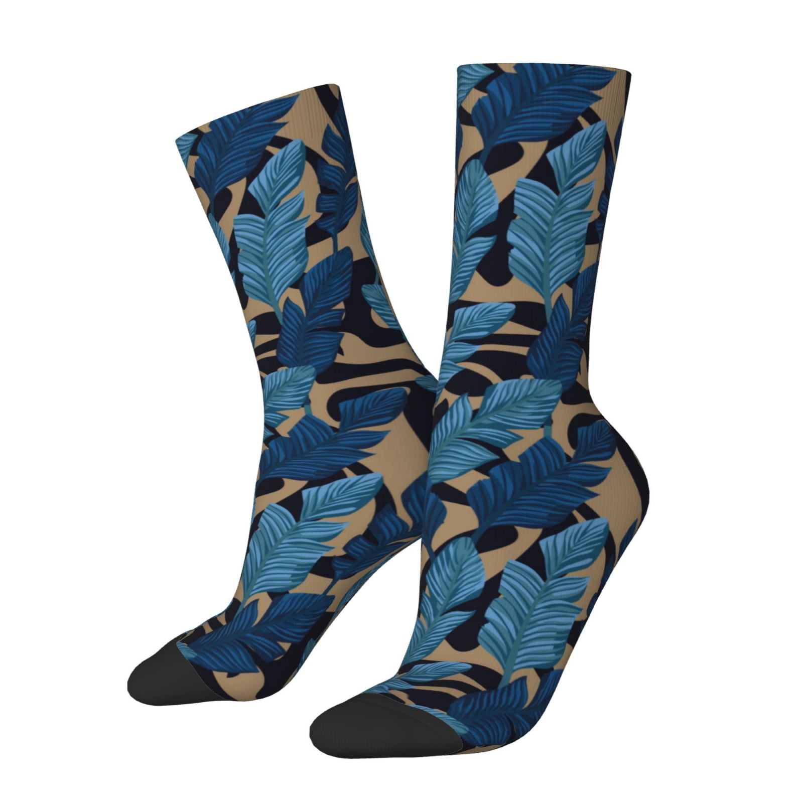 Gukieu Blue Leaves A Print Contrast Color Mid-calf Socks, Sweat-wicking ...