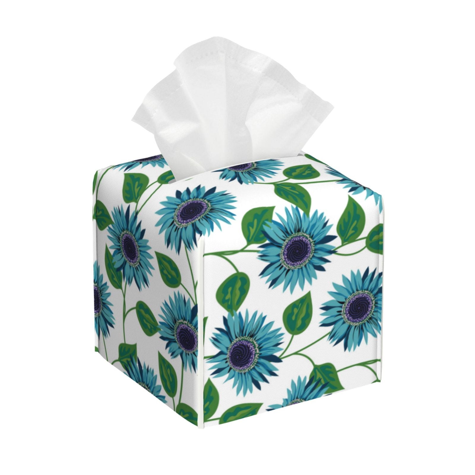 Gukieu Blue Sunflowers Print Leather Tissue Box, PVC Waterproof Velcro ...