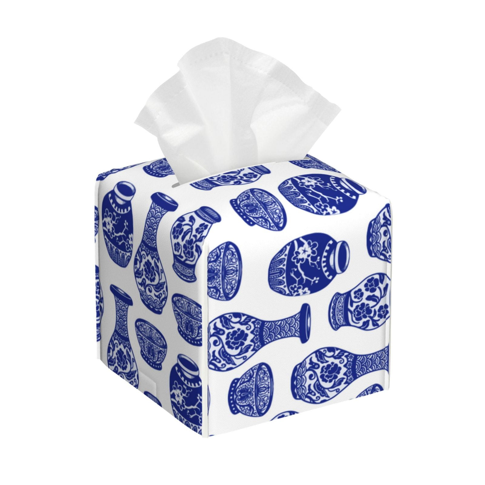 Gukieu Blue Vases Print Leather Tissue Box, PVC Waterproof Velcro ...