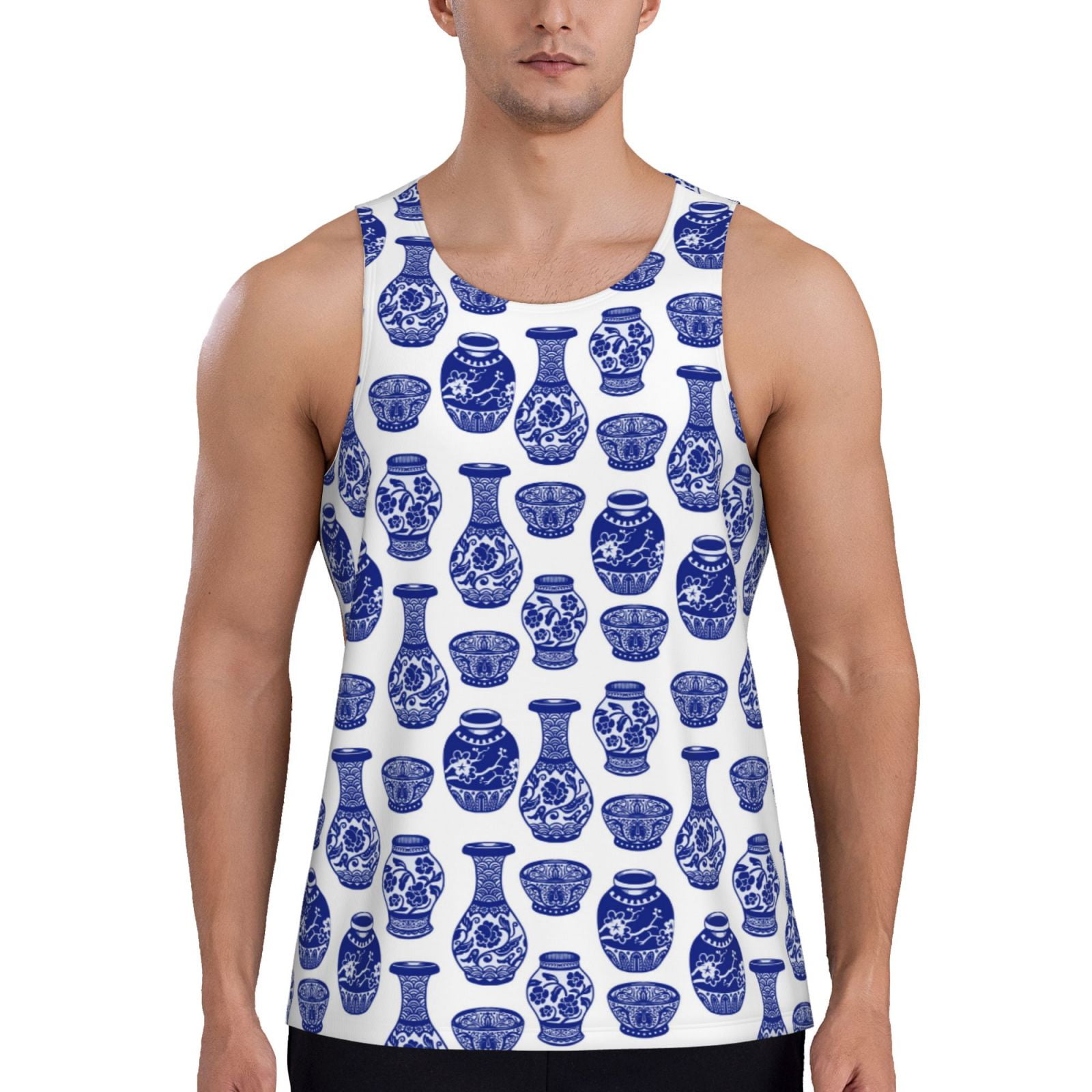 Gukieu Blue Vases Print Men's Quick Dry Fitness Vest, Round Neck ...
