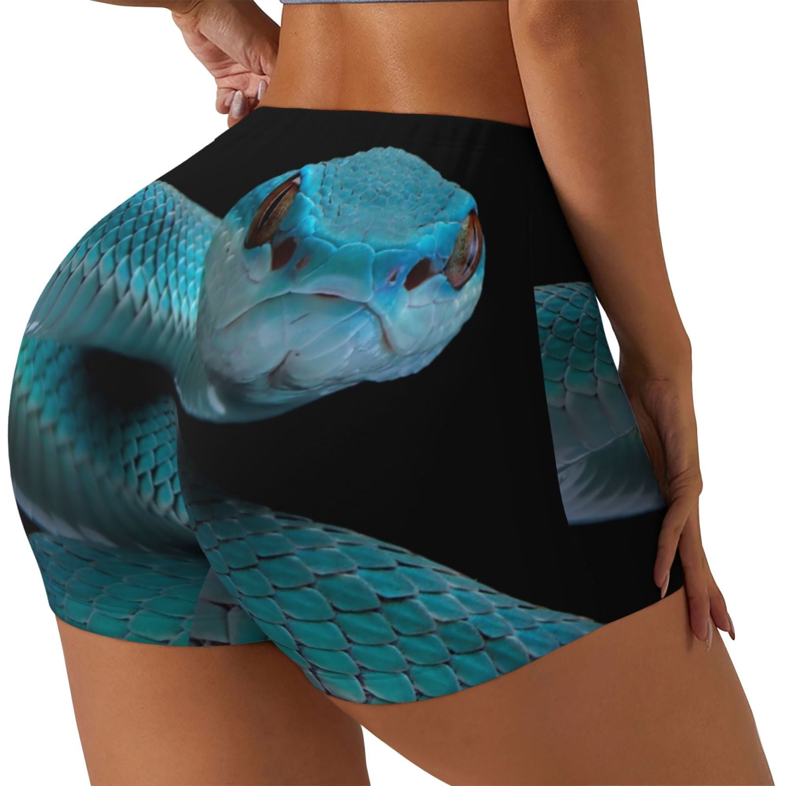Gukieu Blue Viper Snake1 Print Women's Sports Shorts, Elastic Waist High Stretch Running Yoga ...