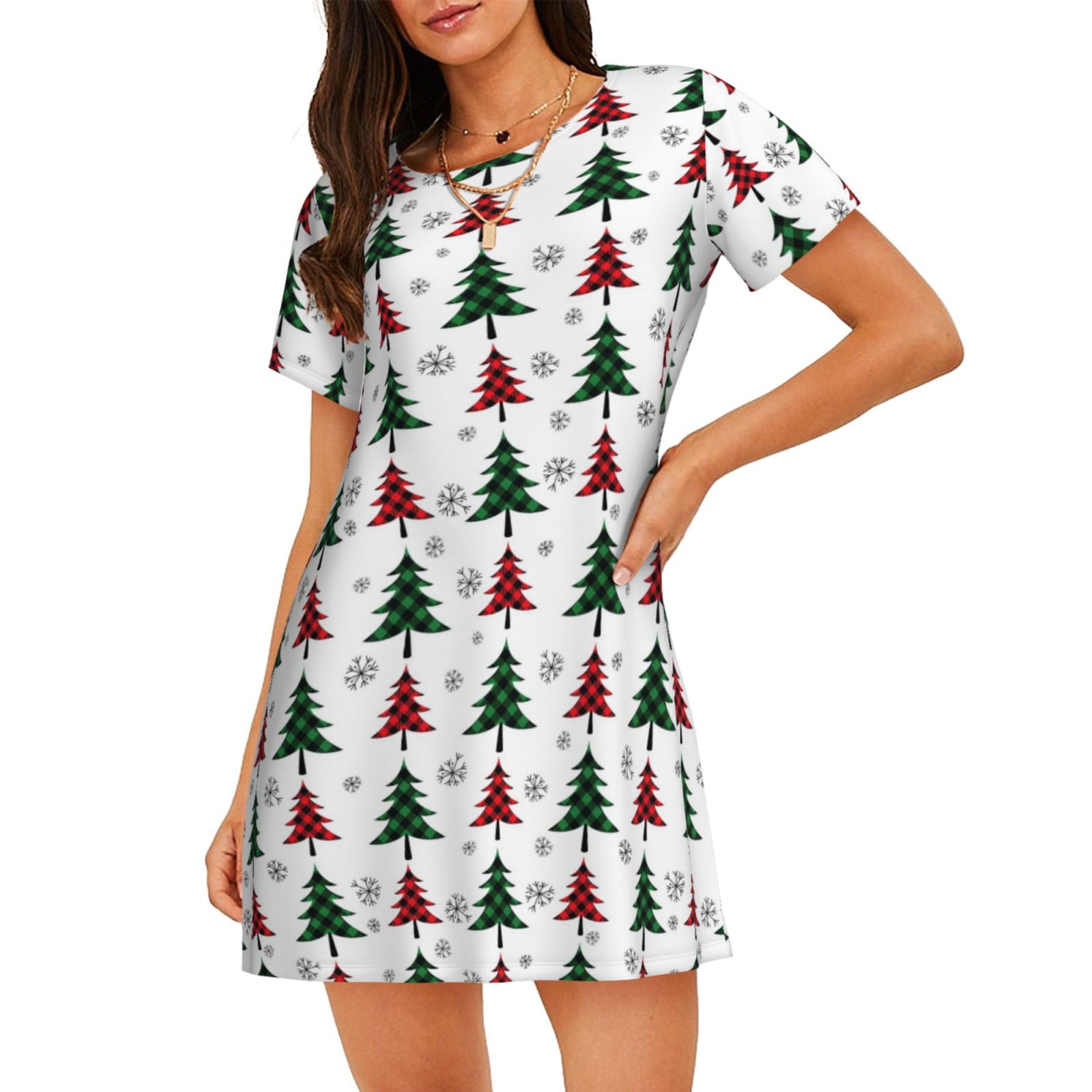 Gukieu Buffalo Plaid Christmas Trees Print Women's Nightgown, A-line ...