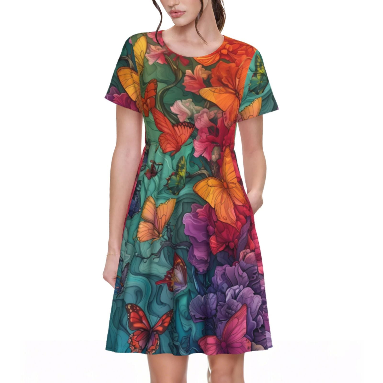 Gukieu Butterfly Flower Cascade Print Women's Short Sleeve Dress ...